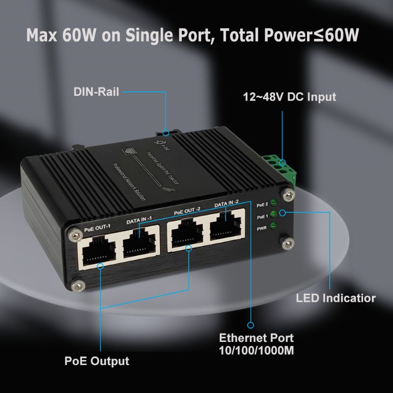 Industriell 2-portars Gigabit PoE-Injektor, Midspan, DIN - Direktronik AB